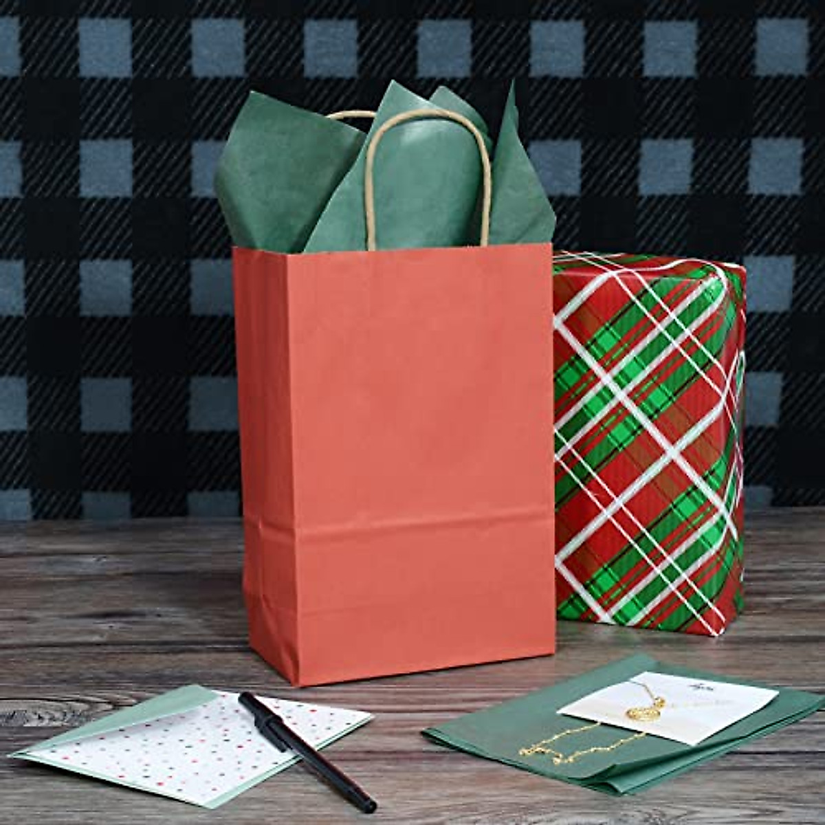 Small Red Gift Bags - 6x3x9 Inch 100 Pack Kraft Paper Shopping Bags with Handles, Craft Totes in Bulk for Boutiques, Small Business, Retail Stores, Birthday Parties, Christmas, Valentines, Holidays