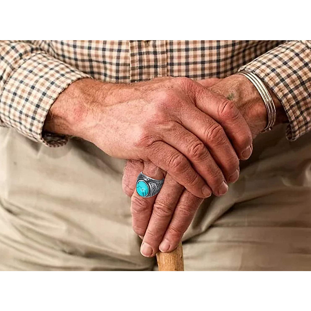 Retro Vintage Stone Rings for Men Turquoise Rings Stainless Steel Signet Biker Band Black Stone 10