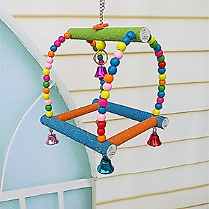 Hypeety Colorful Wooden Swing Bird Toy for Parrot Macaw African Greys Budgies Cockatoo Parakeet Cockatiel Conure Lovebirds Finch Cage Perch Toy Paw Grinding Ladder (S)
