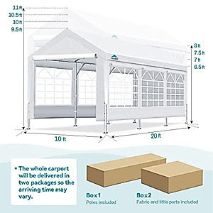 ADVANCE OUTDOOR Adjustable 10x20 ft Heavy Duty Carport Car Canopy Garage Shelter Party Wedding Boat Tent with Removable Window Sidewalls and Doors, Adjustable Height from 9.5ft to 11ft, White