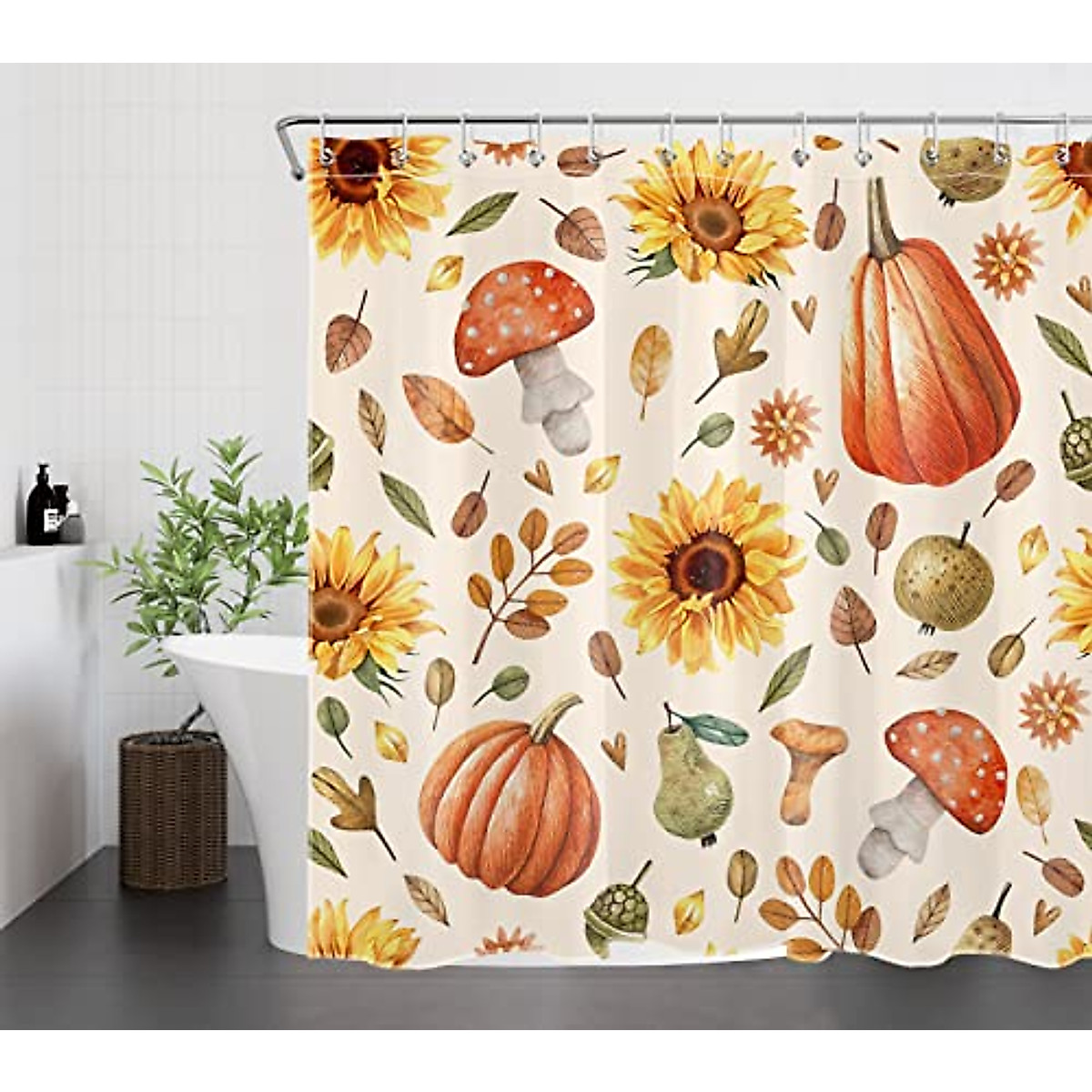 HVEST Fall Shower Curtain and Bathroom Rugs, Pumpkin Sunflower Autumn Leaf and Mushroom on Beige Shower Curtain with Bath Mat, 72X72 inches Farmhouse Fall Thanksgiving Bathroom Shower Curtain Set