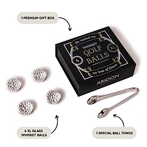 Golf Ball Whiskey Stones Gift Set for Men, Husband Dad, Brother, Boyfriend; Chillers Golfers, Reusable Ice Cubes, Glass Chilling Rocks; of 4 Rocks with Tongs, X-Large (ARIDON002)