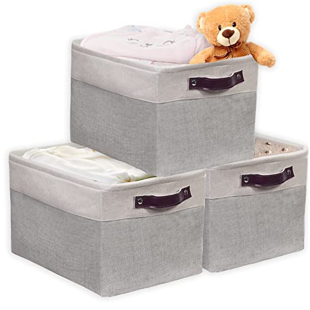 Simple Houseware 3 Pack Grey Fabric Storage Bin with Leather Like Handles