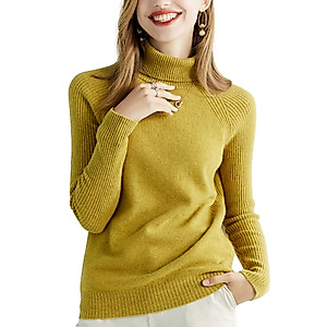 LINY XIN 100% Merino Wool Swetaer for Women Turtleneck Long Sleeve Fall Winter Warm Knitted Pullover Sweater Jumper (Yellow Green,L)