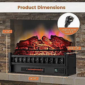 COSTWAY 26-inch Eternal Flame Electric Fireplace Log, 1500W Fireplace Insert with Remote Control, Realistic Lemonwood Ember Bed, 8H Timer, 5 Flame Modes, Fireplace Log Heater for Home Decor, Black