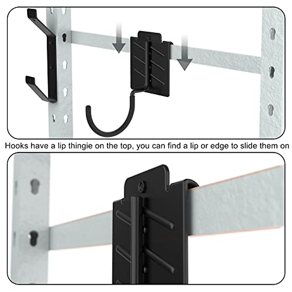 TORACK 7PCS Shelving Hooks for Keyhole Shelving Units, Metal Shelving Hook Organizer Kit for Tools, Cords, Hoses, Bags, etc., No Drilling No Holes