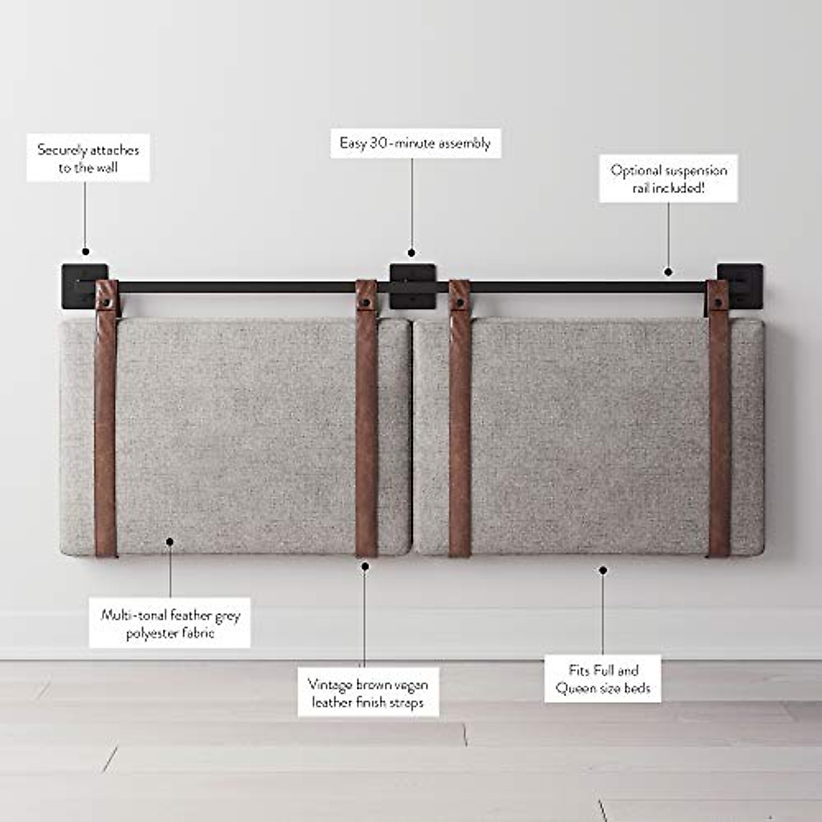 Nathan James Harlow Modern Wall Mount Hanging Upholstered Headboard, Queen, Gray with Brown Faux Leather Straps