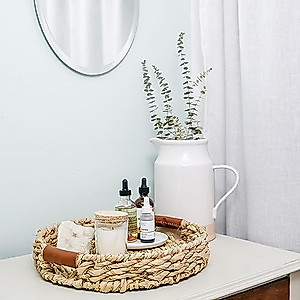 Summit Living Handwoven Round Rattan Tray with Leather Handles – Use as Home Decor or Vegetable and Fruit Organizer Tray – Water Hyacinth Circular Wicker Tray (14" x 14")