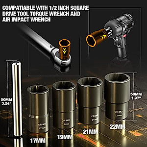 Dynofit 5-Piece Twist Socket Set 1/2" Drive Impact Extractor Tool for Removing Rust Deformation Peeling and Breaking Lug Nut/Wheel Bolt Metric 17mm 19mm 21mm 22mm with Drift Punch Nut Removal Bar