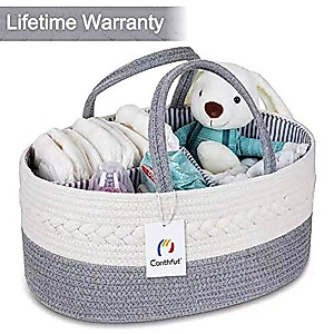 Conthfut Baby Diaper Caddy Organizer 100% Cotton Rope Nursery Storage Bin for Boys and Girls Large Tote Bag & Car Organizer with Removable Inserts Baby Shower Basket