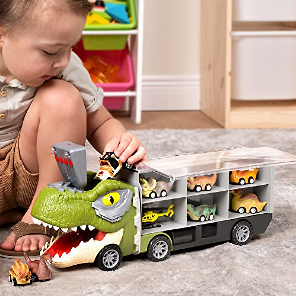 JOYIN 13 in 1 Dinosaur Truck for Kids, with 12 Pull Back Dinosaur Car Vehicles, Toy Dinosaur Transport Carrier Truck with Music and Roaring Sound, Flashing Lights, Mini Dinosaur Car Set, Helicopter