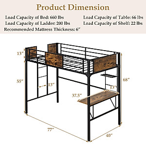 Giantex Metal Twin Loft Bed with Desk and Storage Shelf, Heavy Duty Loft Bed Frame with Build-in Ladder & Safety Guardrail, Space-Saving Twin Size Loft Bed for Teenager and Adult, Black