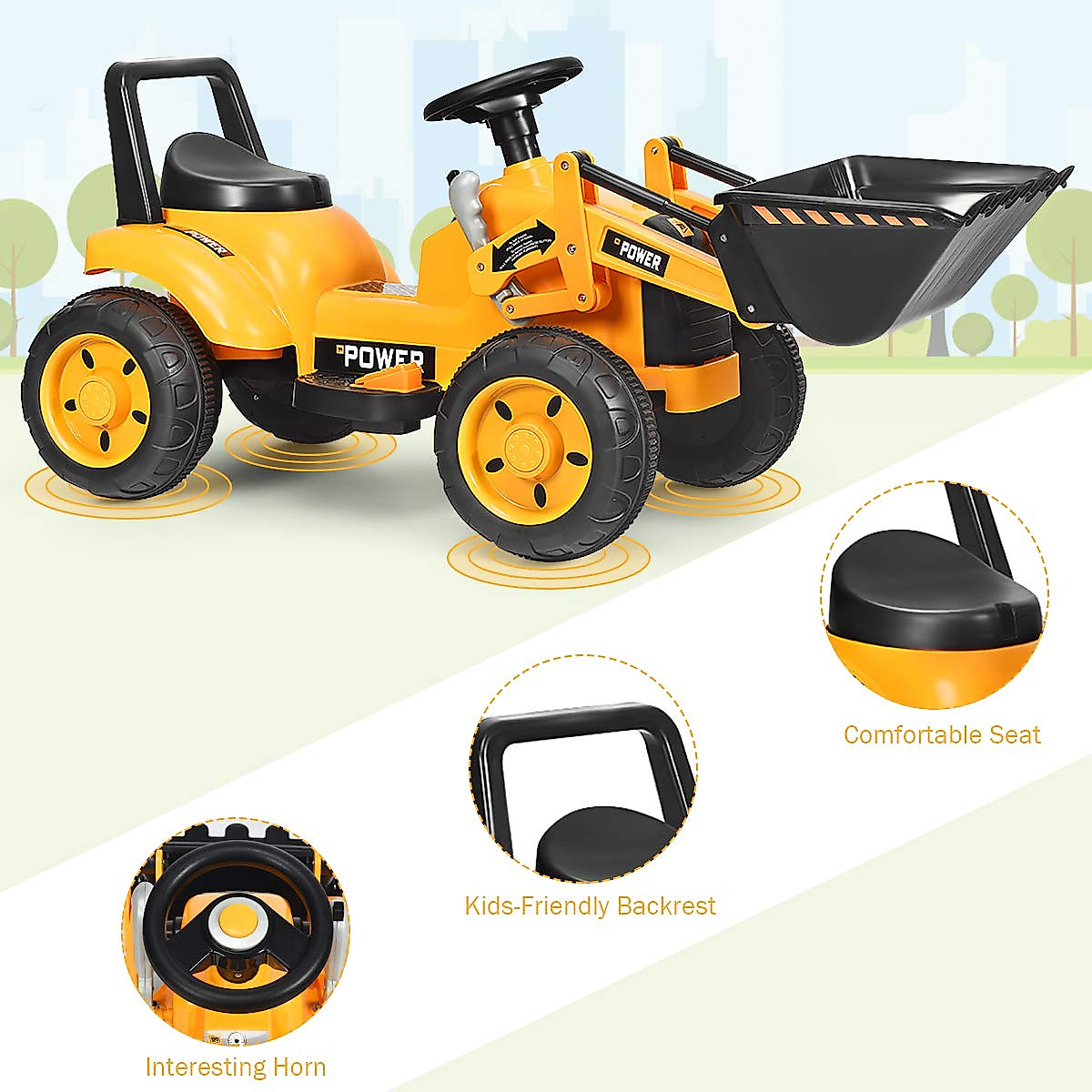 HONEY JOY Ride On Excavator, 6V Battery Powered Wheeled Loader Digger with Working Front Bucket, Forward/Backward, Electric Construction Vehicle for Kids, Ride On Tractor for Boys Girls, Yellow