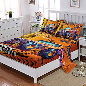 Monster Car 4 Pieces Bed Sheets Soft Washed Microfiber Orange Off Road Bedding Set Fitted Sheet Deep Pockets Top Flat Sheet Room Decor Orange Queen with 2 Pillowcases for Kids Boys and Girls