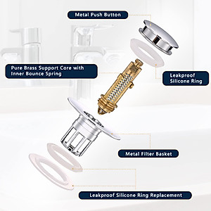 Bathroom Sink Drain Stopper, Pop Up Drain Stopper for Bathroom Sink with Anti-Clogging Filter Basket, 2 in 1 Brass Sink Drain Plug Strainer Universal for 1.02-1.96 in Basin Drain Holes