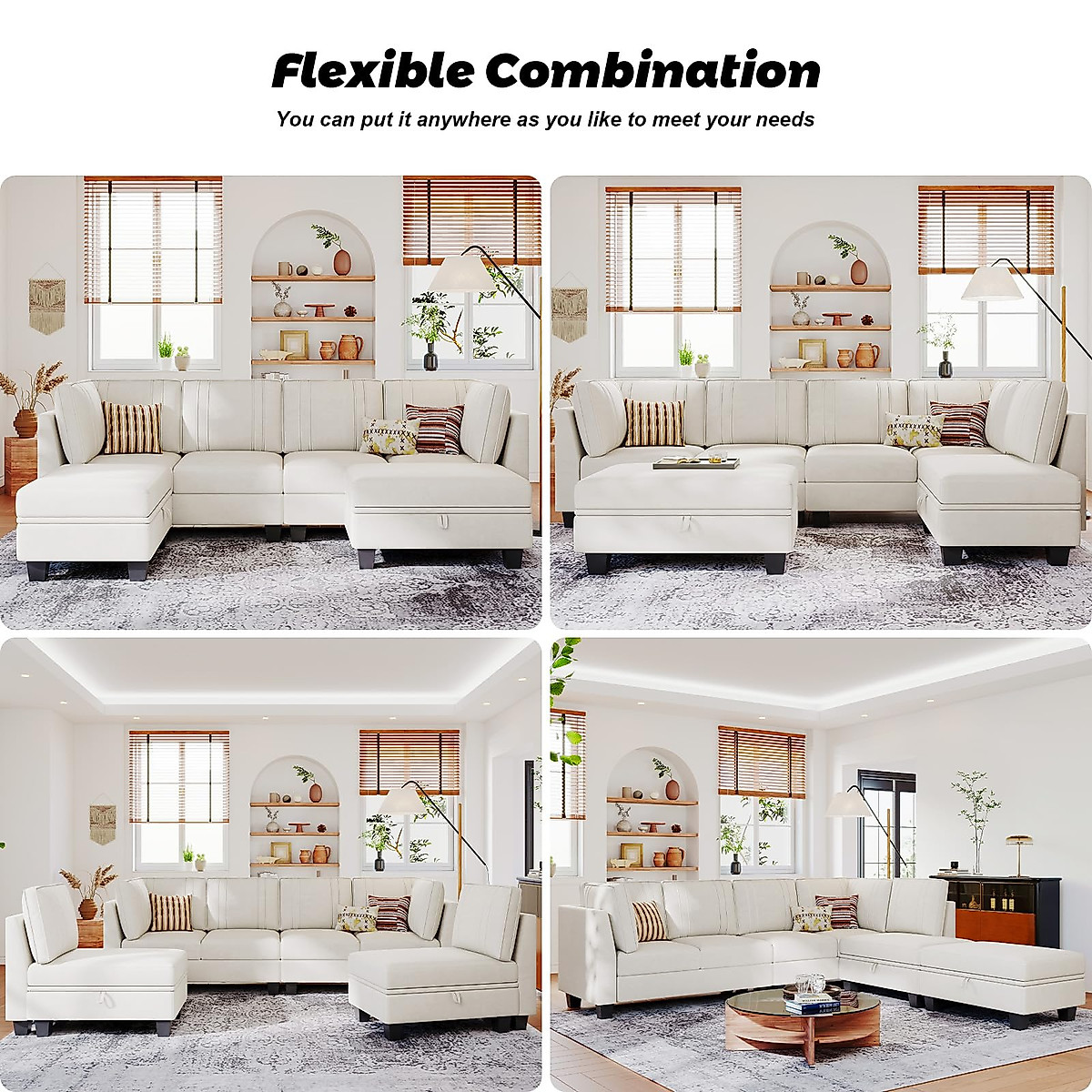 Belffin Sectional Couch with Storage Ottoman, U Shaped Sectional Sofa Couch, Convertible U-Shape Sectional Couch for Living Room, Beige