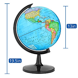 World Globe with Stand, 13" Desk Classroom Decorative Globe for Students & Geography Teachers, 360° Horizontal Rotation, Full Length 19.7 inch World Globe Map with Clear Text Markings, Blue
