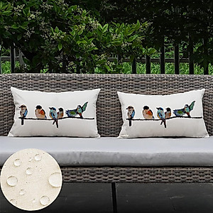 RABUSOFA Outdoor Pillow Covers Waterproof 12x20,Outdoor Bird Lumbar Throw Pillow Cases Small Decorative Pillows for Couch Patio Furniture Polyester Linen Teal Blue