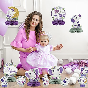 12Pcs Purple Floral Elephant Honeycomb Centerpieces It's a Girl Baby Shower Party Table Decorations Gender Reveal Little Peanut Cutout Welcome Baby Party Table Toppers Photo Props Decor for Baby Girls