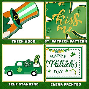 14 Pieces St. Patrick's Day Tiered Tray Decor Set Irish Saint Patrick Themed Tray Decor Home Table Including Shamrock Wood Bead Garland Truck Wood Gnome Farmhouse Sign Tabletop Decorations