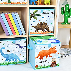 WERNNSAI Cube Storage Bins - 4 Pack Fabric Foldable Storage Cube Organizer for Kids Decorative Storage Baskets with Handles 11" x 11" Home Closet Nursery Room Bedroom (Dinosaur)
