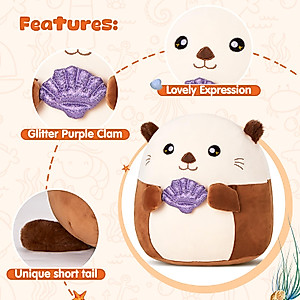 Glow Guards 12” Sea Otter Plush Pillow with Fuzzy Ears,Cute Otter Stuffed Animal,Soft Plushies Pillow Kawaii Otter Plush Toys with Glitter Purple Seashell,Otter Toys Gift for Girls Boys Birthday