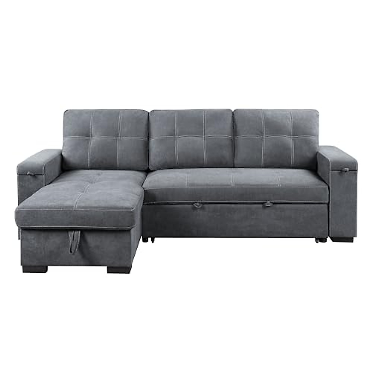 Lilola Home Toby Gray Woven Fabric Reversible Sleeper Sectional Sofa with Storage Chaise Cup Holder USB/USB-C Ports and Pockets