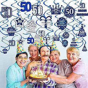 36Pcs 50th Birthday Decorations Hanging Swirls Party Supplies for Men, Happy 50 Year Old Birthday Party Ceiling Hanging Foil Swirl Decor, Blue Silver Fifty Birthday Hanging Sign