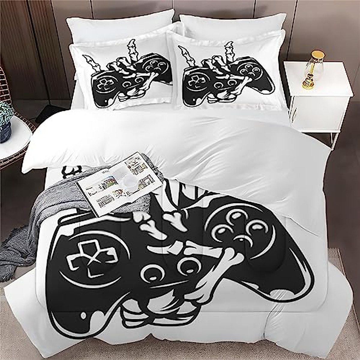 Comforter Set King Size, Vintage Gaming Skeleton Rock Soft Quilt for Kids and Adults, Retro Wireless Gamepad Bedding Set with 2 Pillowcases for Bedroom Bed Decor