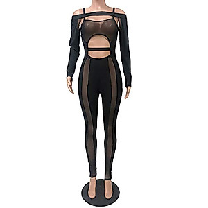 Uni Clau Women's Sexy See Through Jumpsuit Sheer Mesh Hollow Out Criss Cross Bodycon Jumpsuits One Piece Club Rompers Black XL