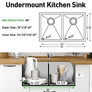 CITYLE 32 Inch Undermount Kitchen Sink, Stainless Steel Sink Handmade 50/50 Double Basin with Bottom Grid and Basket Strainer Drain for Bar Prep Kitchen(32'' x 18'' x 9'')