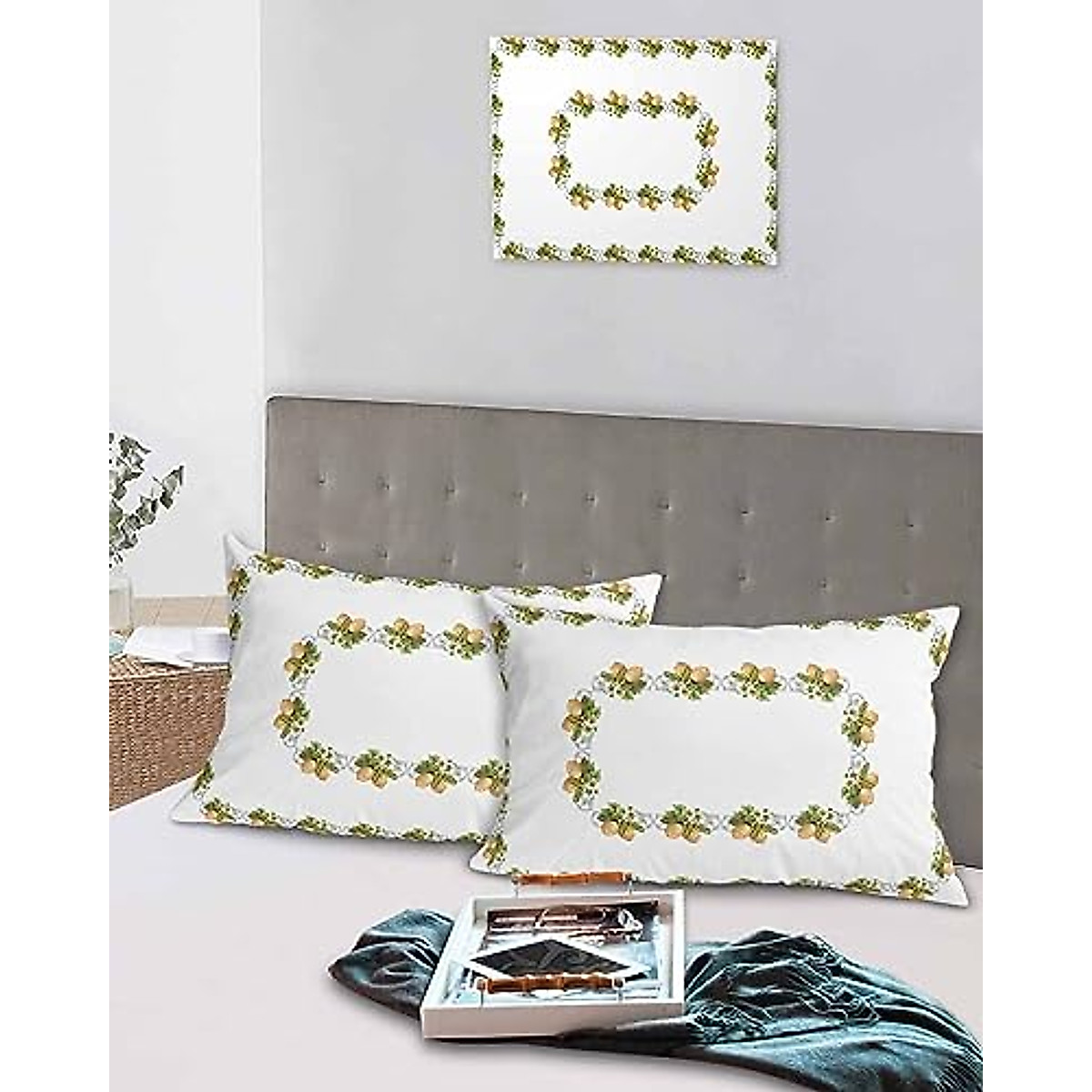 Edwiinsa Summer Lemon Pillow Covers King Standard Set of 2 20x36 Bed Pillow, Spring Leaves Yellow Lemon Lace Plush Soft Comfort for Hair/Skin Cooling Pillowcases with Envelop Closure