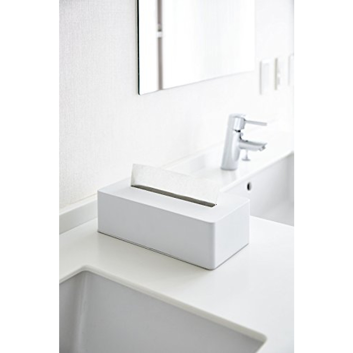 Yamazaki Home Rectangular Reusable Tissue Box Holder Cover Metal Container Case for Kitchen Bathroom or Bedroom Steel One Size White