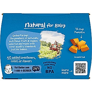 Gerber Natural for Baby 2nd Foods Baby Food Tubs, Pumpkin, Non-GMO Pureed Baby Food for Sitters, Made with Real Fruit, 2 - 4 Ounce Tubs Per Pack (Pack of 4)