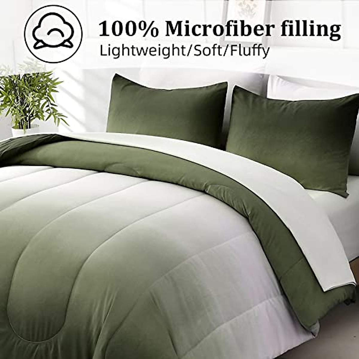 7 Pieces Gradient Olive Green Comforter Set Queen - Lightweight Green Bed in a Bag Queen Size Set, All Season Down Alternative Complete Bedding Set with Flat/Fitted Sheet, Pillowcases and Pillow Shams