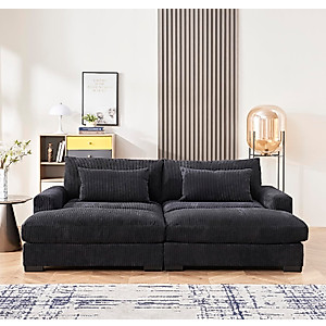 Container Furniture Direct Luxe Sleeper Sofa with Soft Corduroy Upholstery, Double Chaise Design, Convertible to Twin Size Bed, Modern and Comfortable Living Room Couch, Extra Large, Black