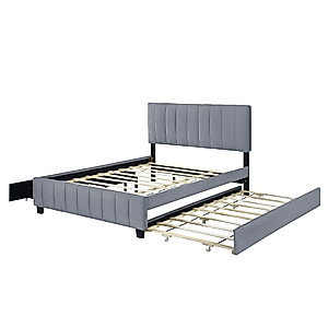 Harper & Bright Designs Queen Size Upholstered Bed with 1 Twin XL Trundle and 2 Storage Drawers, Velvet Platform Bed Wood Frame, No Box Spring Needed (Gray)