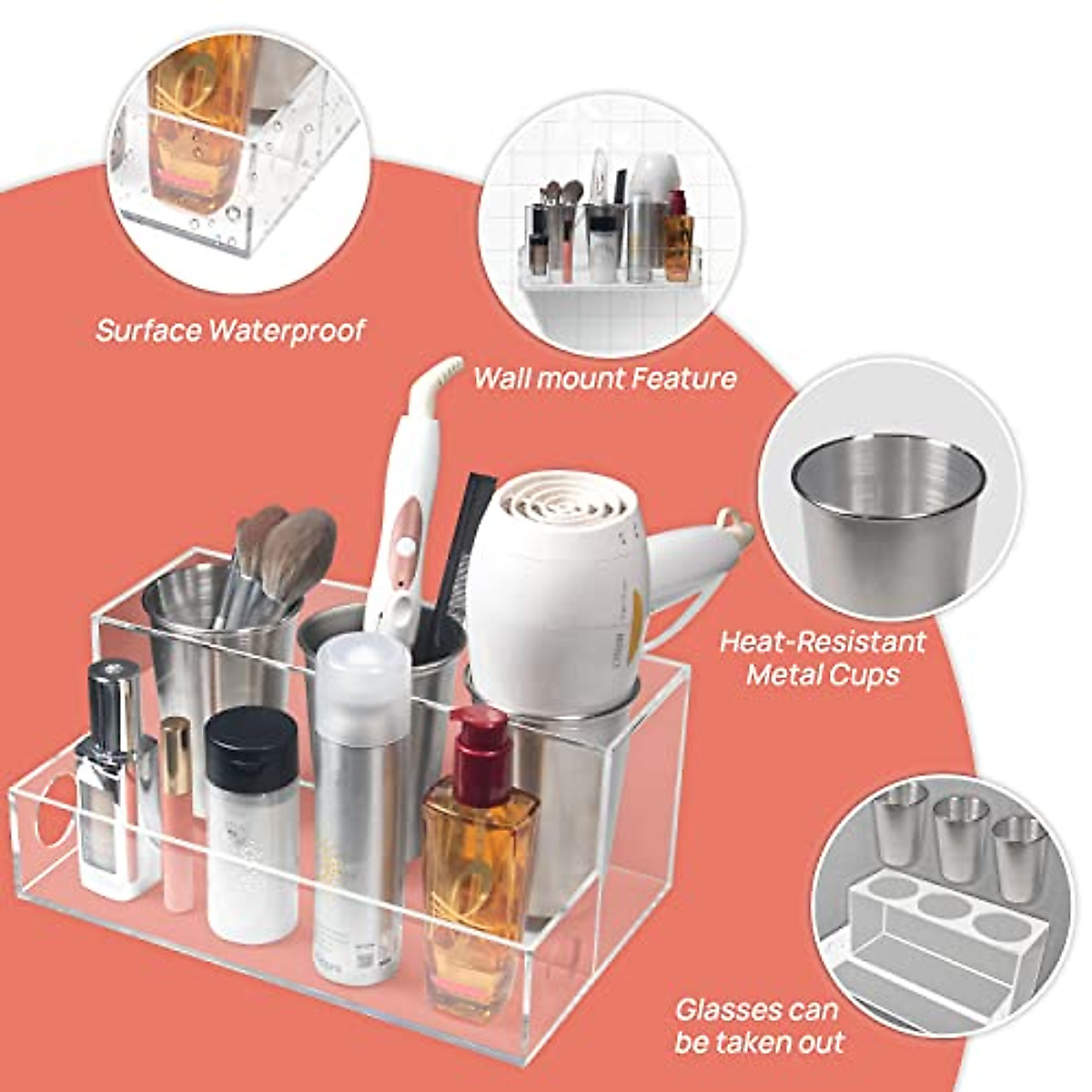 A & R Hair Tool Organizer, Clear Acrylic Blow Dryer Holder, Hair Dryer Organizer for Countertop, Bathroom & Vanity with 3 Heatproof Steel Cups