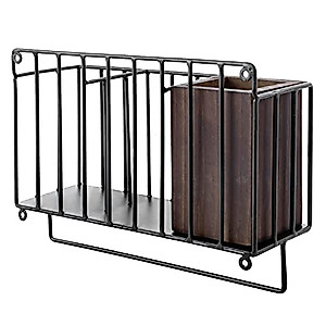 MyGift Wall Mounted Hair Styling Tools Holster Rack - Industrial Matte Black Metal Wire Hair Dryer Holder, 3 Compartments and Hand Towel Bar