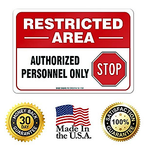 Sigo Signs Restricted Area Authorized Personnel Only Stop Sign, (2 Pack) 10x7 Inches, 4 Mil Vinyl Decal Stickers Weather Resistant, Made in USA by Sigo Signs