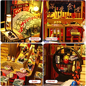 Yuzhen DIY Miniature Dollhouse with Furniture and LED Lights, Japanese Style Wooden Mini-Restaurant Includes Dustcover and Music Movement, Exquisite Home Decor
