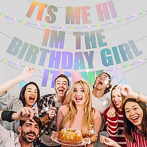 IT'S ME HI IM THE BIRTHDAY GIRL ITS ME Taylor Birthday Banner, Pre-Strung Iridescent Holographic Birthday Banner Sign with 2pcs Hanging Heart Shaped Streamers for Women Girl Party Gift Decoration
