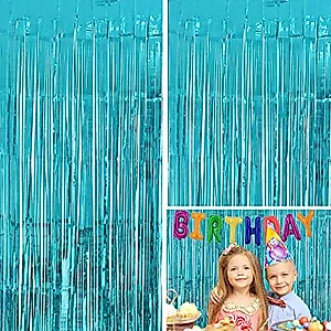 Moohome 2 Pack 3ft x 8ft Aquamarine Blue Foil Curtains Metallic Tinsel Fringe Curtains Shimmer Door Window Curtain Backdrop for Birthday Wedding Bridal Shower Photo Booth Party Decorations