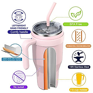 Zukro 40 oz Tumbler With Handle, Sip and Straw Lid, Leakproof No Sweat Insulated Stainless Steel Cup Keeps Drinks Cold 24 Hours, Travel Mug Fit in Cup Holder, Dishwasher Safe, BPA Free - Pink