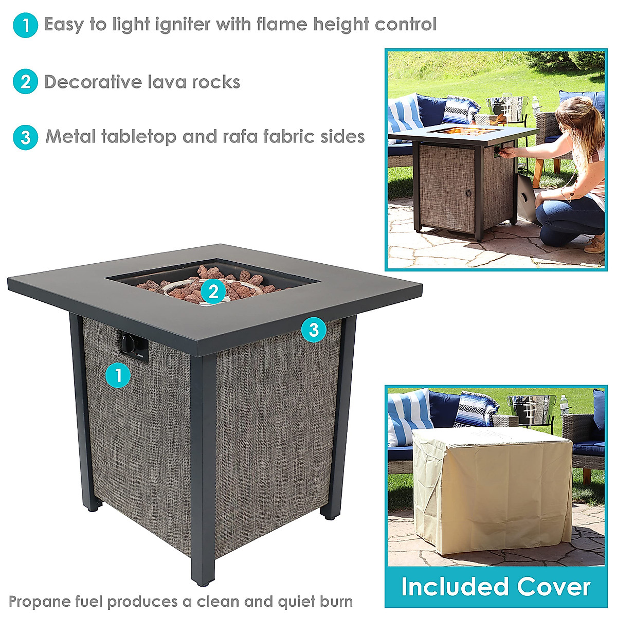 Sunnydaze Kleifar 25.25-Inch H Square Metal Propane Fire Pit with Rafa Fabric Sides - Includes Lava Rocks