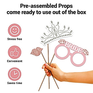 Fully Assembled Bachelorette Photo Booth Props - Set of 32 - Rose Gold, Pink, & Silver Signs, Wedding Bridal Shower Bachelorette Party Supplies & Decorations With Real Glitter - Did we mention no DIY?