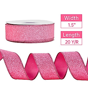 YAMA Glitter Wired Ribbon, Pink, 1-1/2 inch x 20 Yards, for Christmas, Gift Wrapping, Wreath, Crafts, Bow Making and Party Decoration