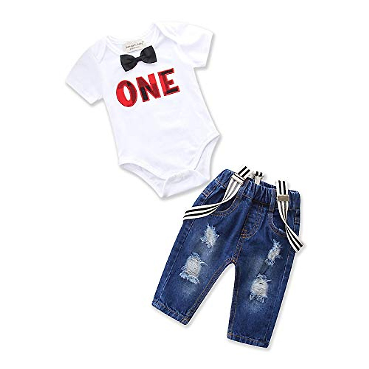 Pinleck Toddler Baby Boy Birthday Clothes Set Bowtie Romper Suspenders Ripped Denim Pants Outfits (1st Birthday-White-1Short, 12-18 Months)