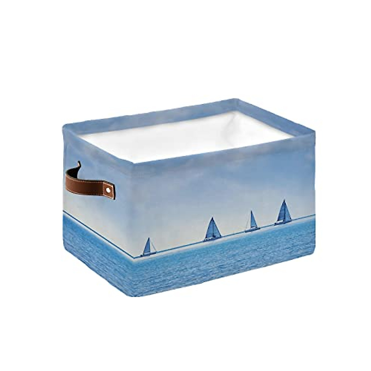 Blue Wide Sea Sailboat Storage Bins, Collapsible Cube Storage Organizer with Handles, Sea Horizon Sky White Clouds Waterproof Clothes Hamper Storage Basket for Toys/Blanket 15"x11"x9.5"