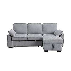 Lilola Home Mackenzie Light Gray Chenille Fabric Sleeper Sectional with Right-Facing Storage Chaise, Drop-Down Table, Cup Holders and Charging Ports
